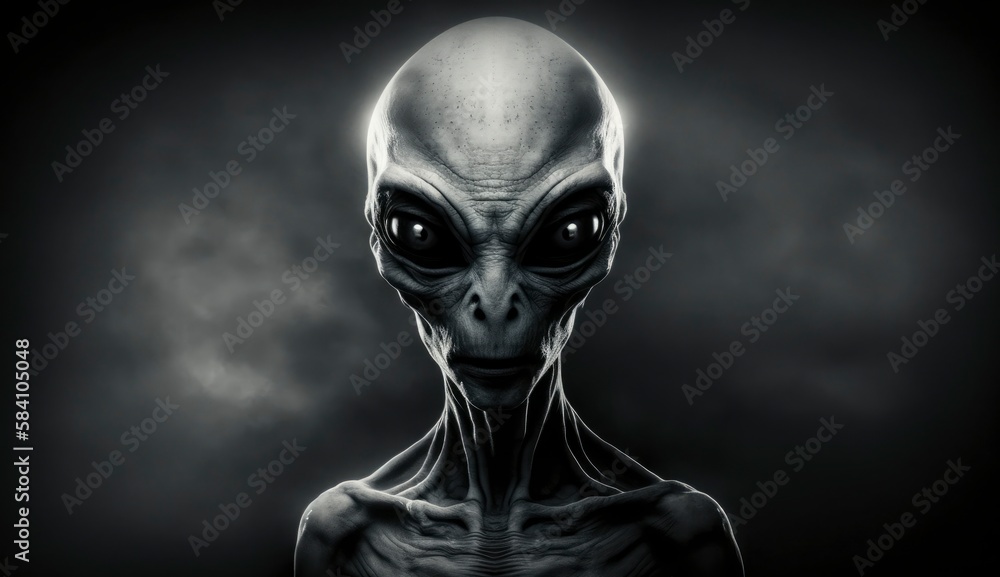 Alien humanoid portait on dark background. Invasion of extraterrestrial ...