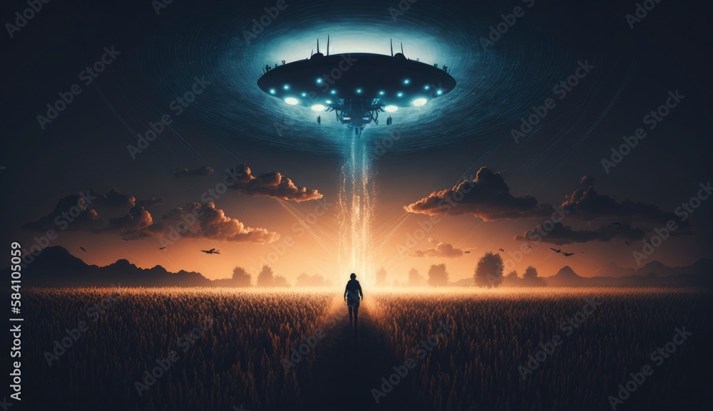 Flying saucer flies at night in sky over silhouette of man standing in ...