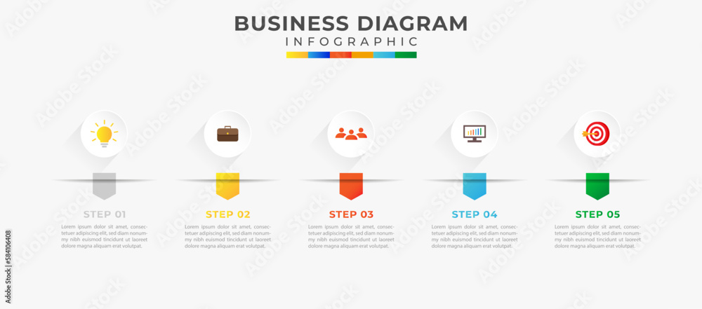 5 Steps Road map modern timeline diagram with pie chart and symbol ...
