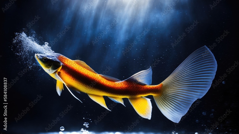 Beautiful Fish swimming in dark water. Isolated on black background ...
