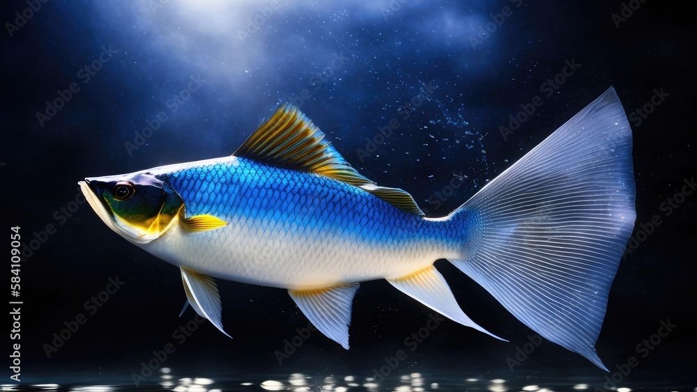 Beautiful Fish swimming in dark water. Isolated on black background ...