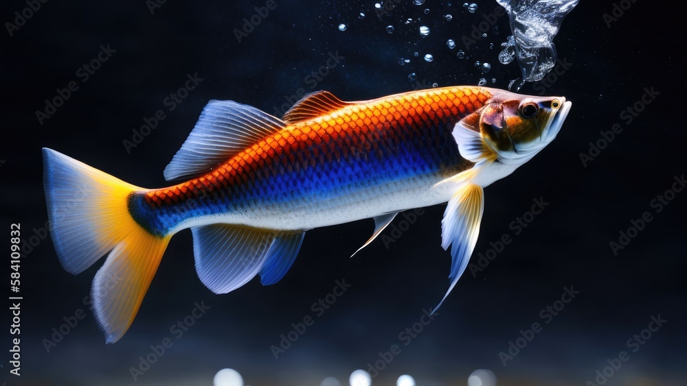 Beautiful Fish swimming in dark water. Isolated on black background ...