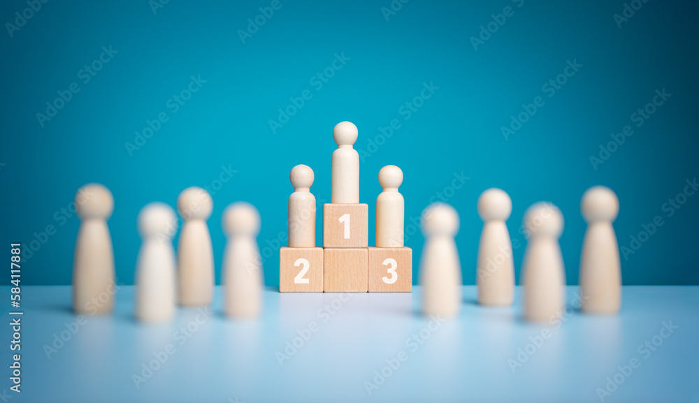 Business hierarchy, Wooden figures peg dolls standing on the podium 1st ...
