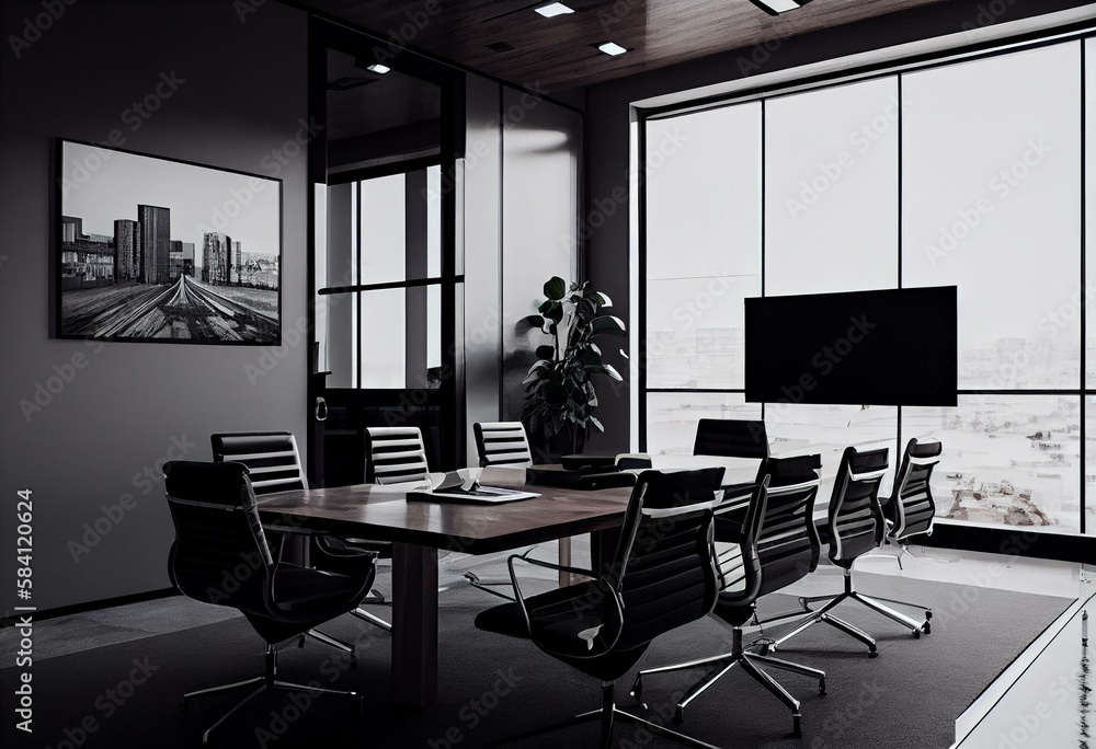 A sleek conference room with board, wide window and blank wall ...