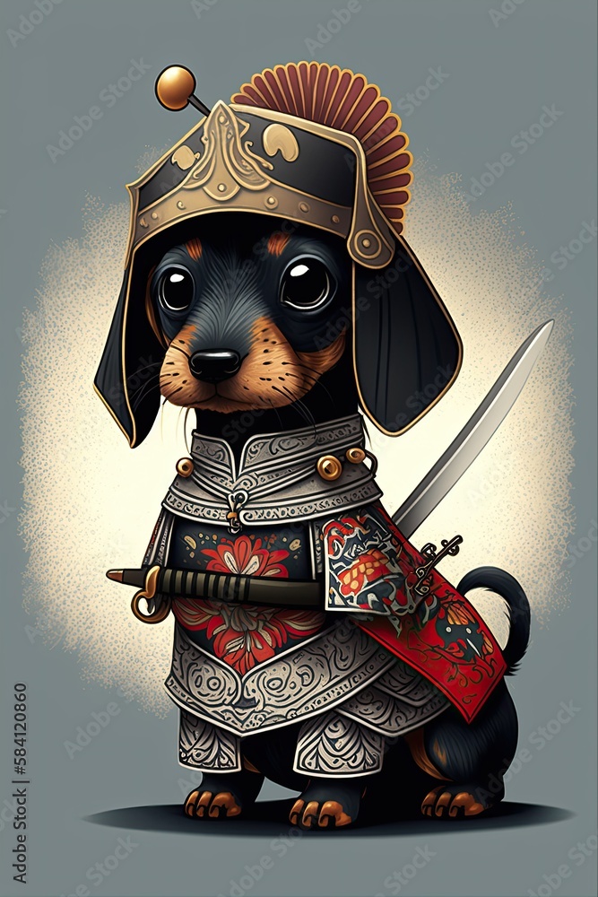 Chibi Anime Illustration of Dachshund dog in Japanese Samurai Armor ...