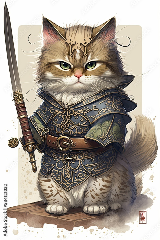 Samurai Armor Norwegian Forest Cat cat Chibi Illustration: Cute and ...