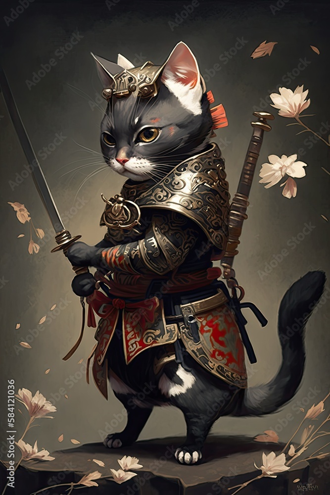 Chibi Anime Illustration of Oriental cat in Japanese Samurai Armor ...