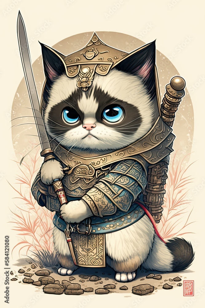 Samurai Armor Ragdoll cat Chibi Illustration: Cute and Dynamic Anime ...