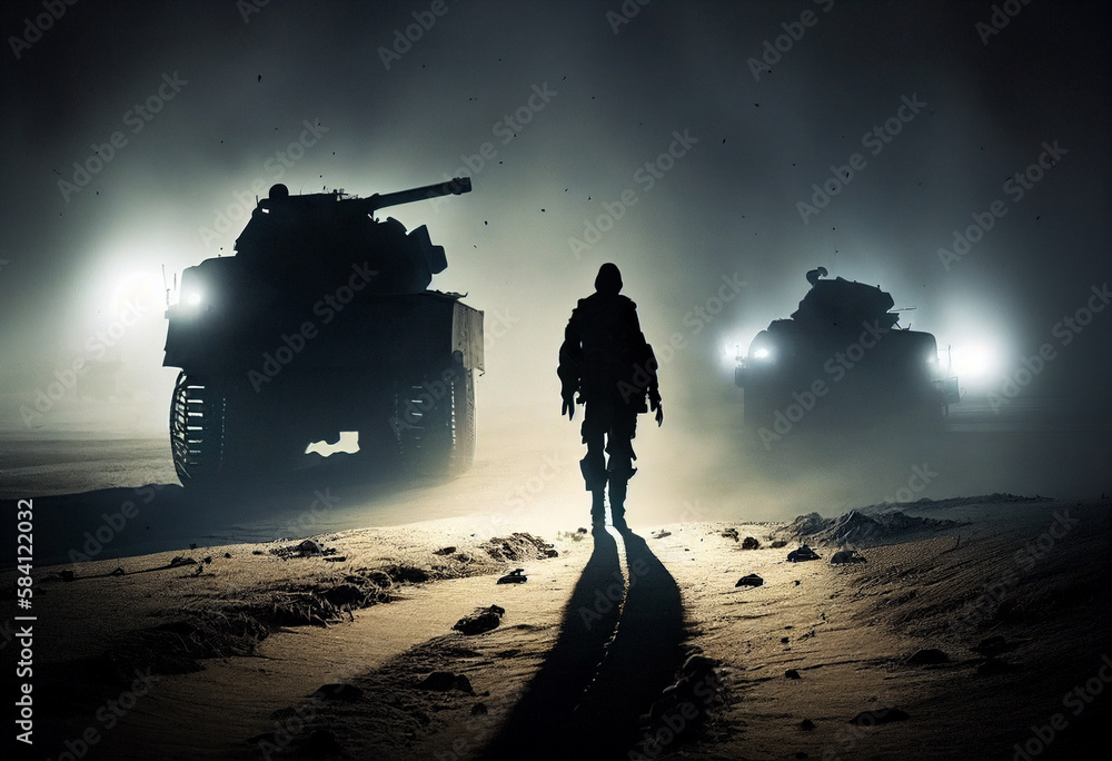 War Concept. Military silhouettes fighting scene on war fog sky ...