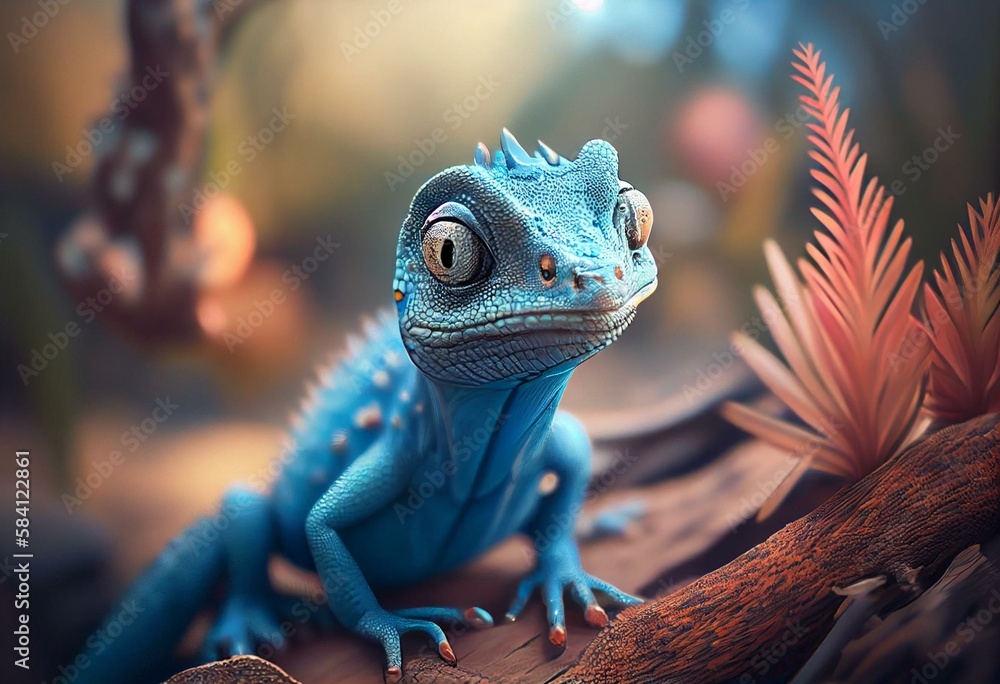 An adorable baby blue lizard in a kid-friendly cartoon fantasy style ...