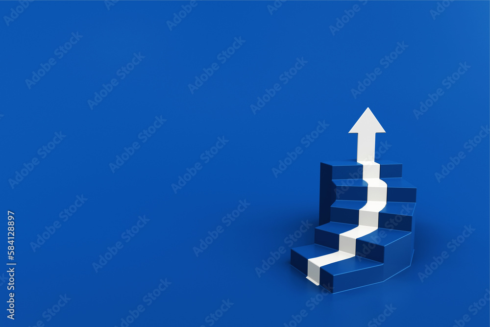 White arrow up with blue stair on blue floor background, 3D arrow ...