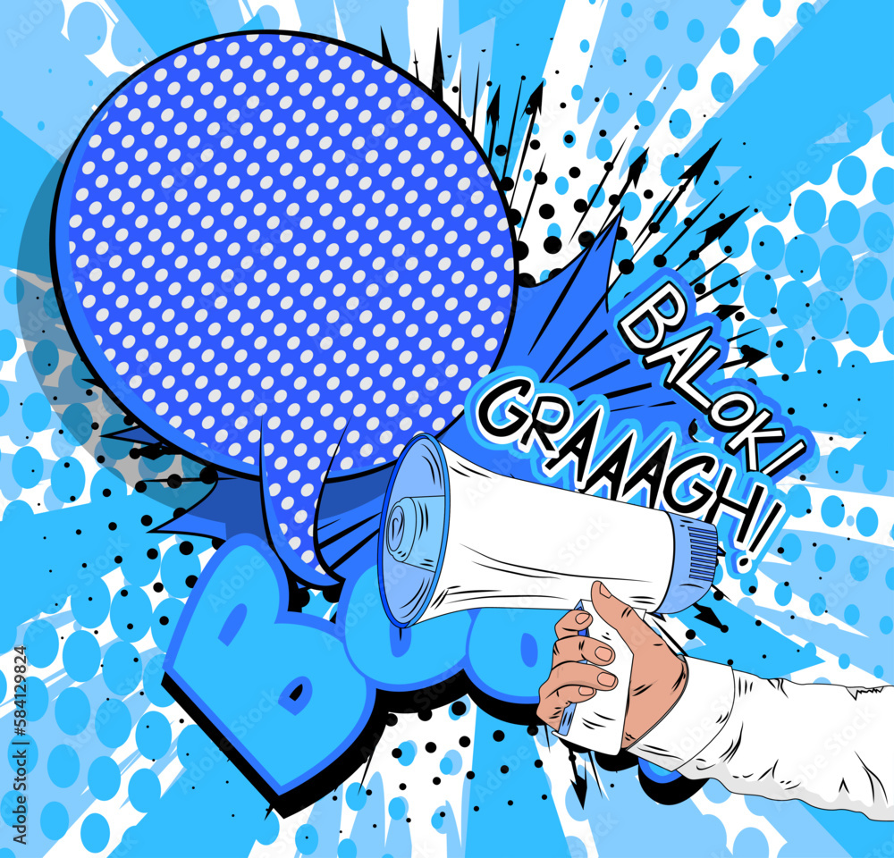 Comic book hand holding Megaphone. Cartoon illustration of a ...
