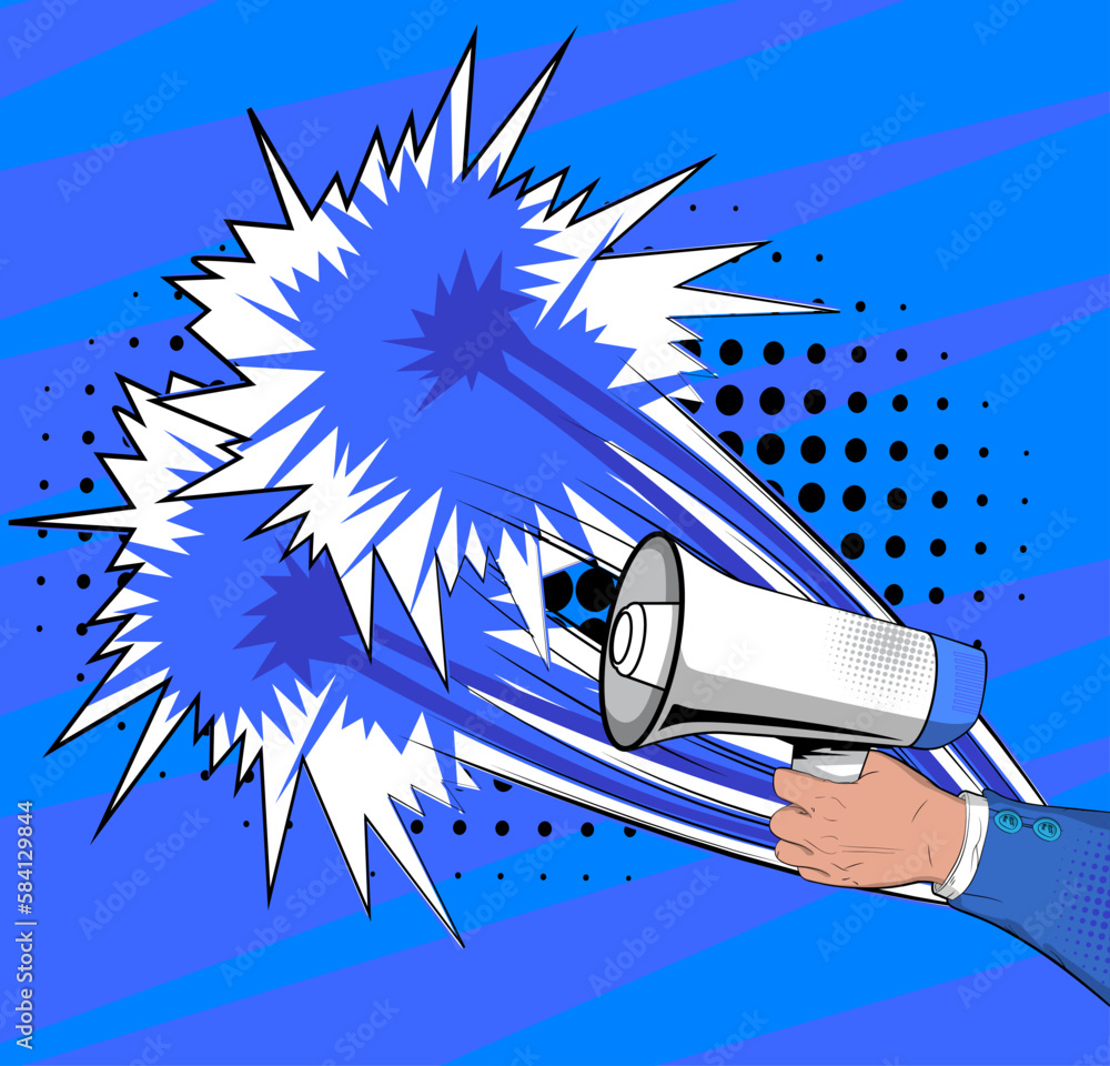 Comic book hand holding Megaphone. Cartoon illustration of a ...