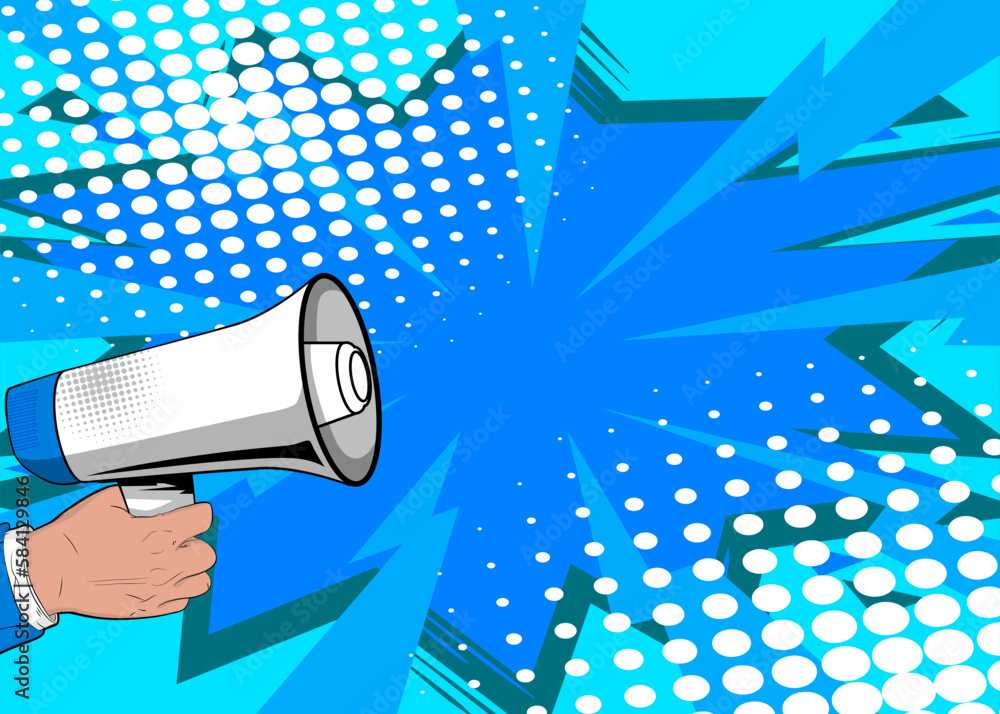 Comic book hand holding Megaphone. Cartoon illustration of a ...