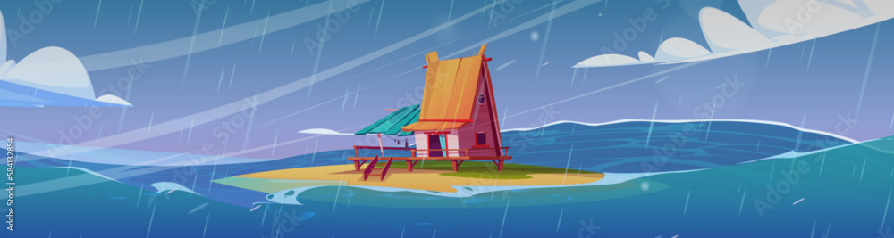 Storm with rain, wind and water waves in sea with island. Tropical ...