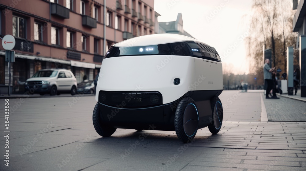 Modern delivery robot delivering packages around the city, intelligent ...