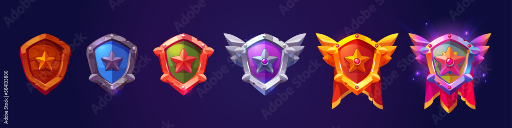 Game rank badge level icon set. Rating medal shield with star cartoon ...