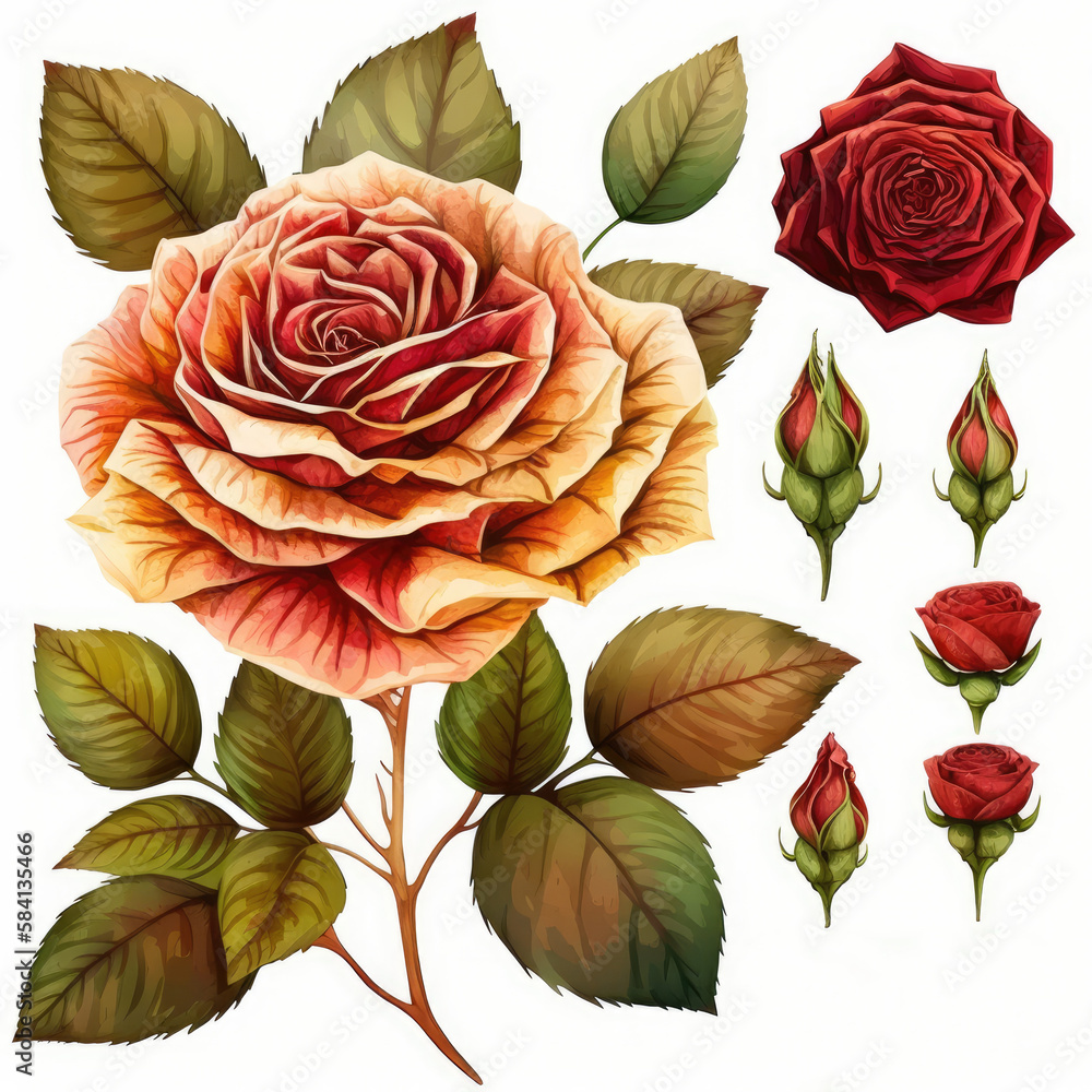 Fully Formed Cartoon Drawing of a Symmetric Red Rose Element Set in ...