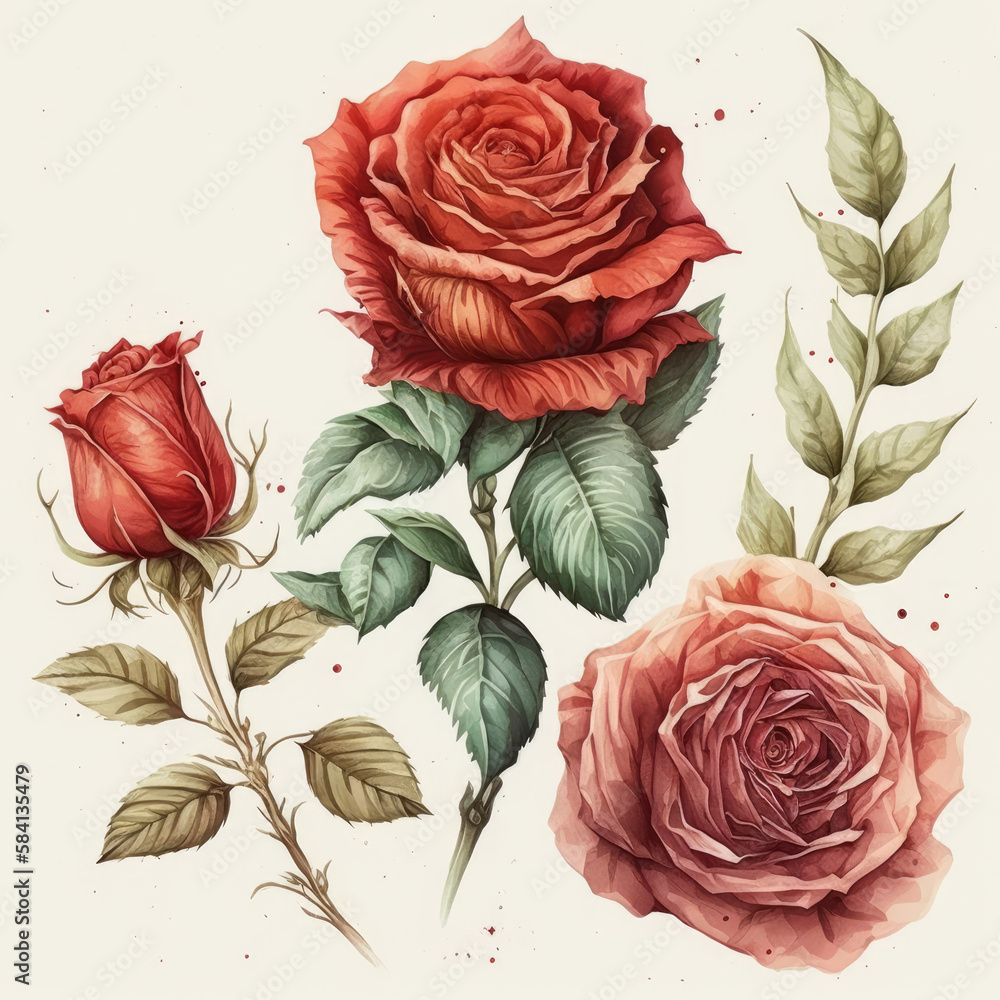 Fully Formed Cartoon Drawing of a Symmetric Red Rose Element Set in ...