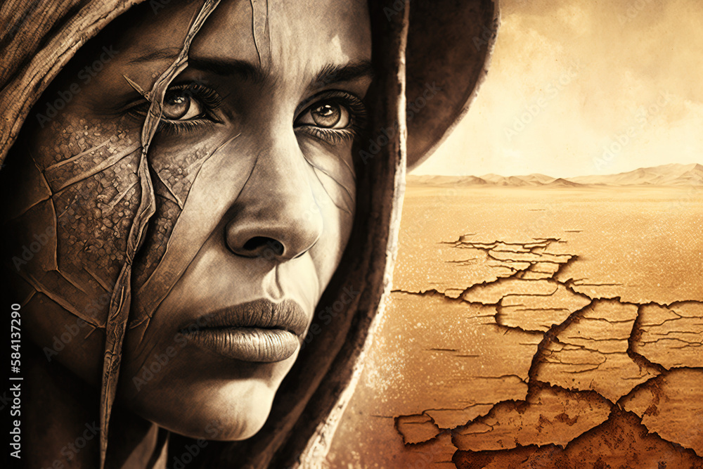 Sad person with dry and cracked ground background, concept of drought ...