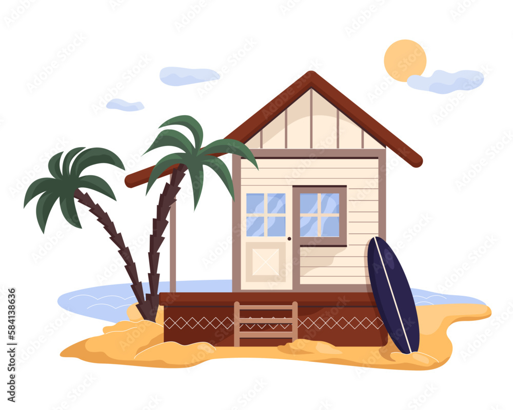 Beach house with palm trees cartoon vector illustration isolated on ...