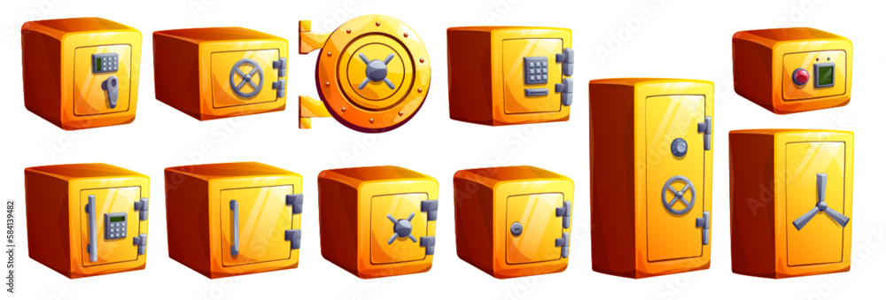 Cartoon set of yellow safe boxes isolated on white background. Vector ...