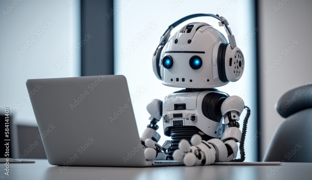 cute white artificial intelligence robot with a Laptop in the office ...