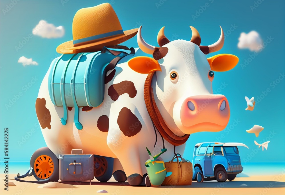 A modern and simple cartoon illustration of an adorable cow character ...