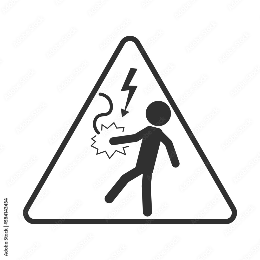 High voltage lightning triangle safety sign, black outline electric ...