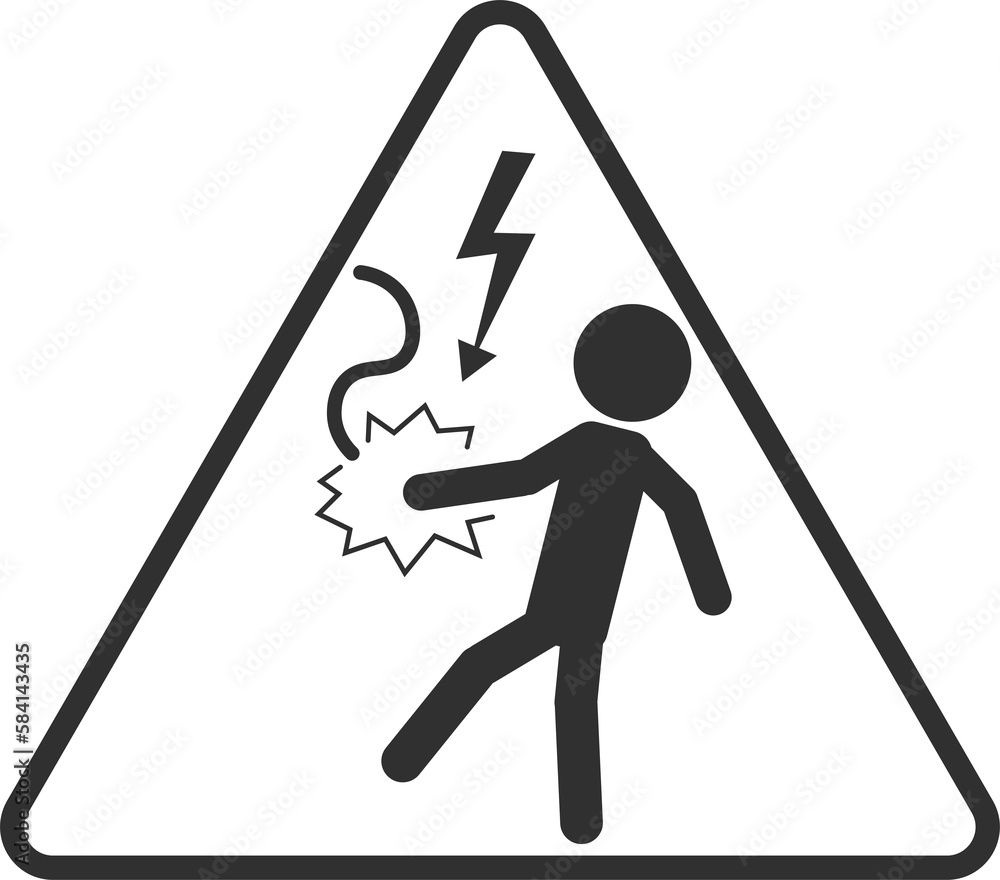 High voltage lightning triangle safety sign, black outline electric ...