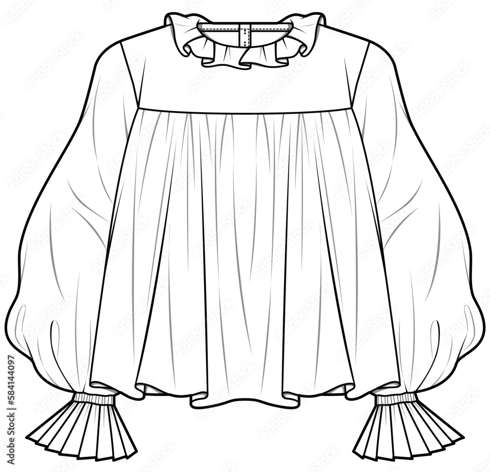 womens long puff sleeve ruffle collar blouse flat sketch vector ...
