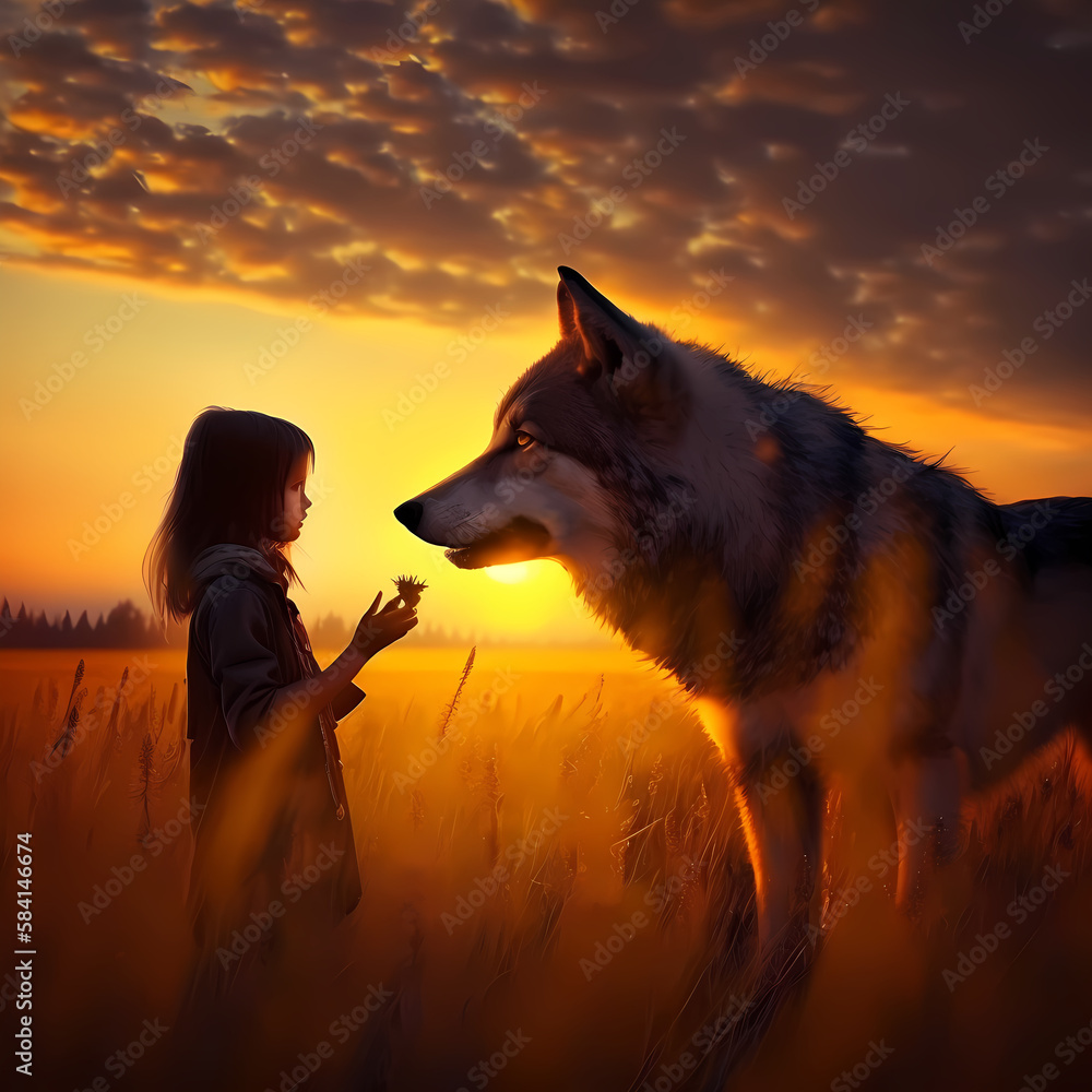 a little girl standing face to face with a wolf as tall as her body, in ...