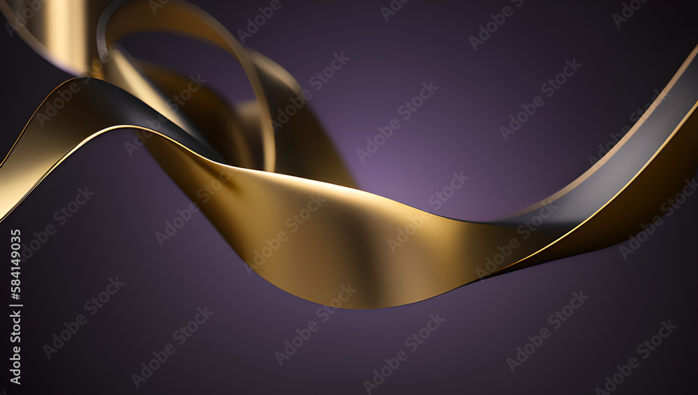 Dynamic ribbon in motion. Abstract golden fluid curved wave on purple ...