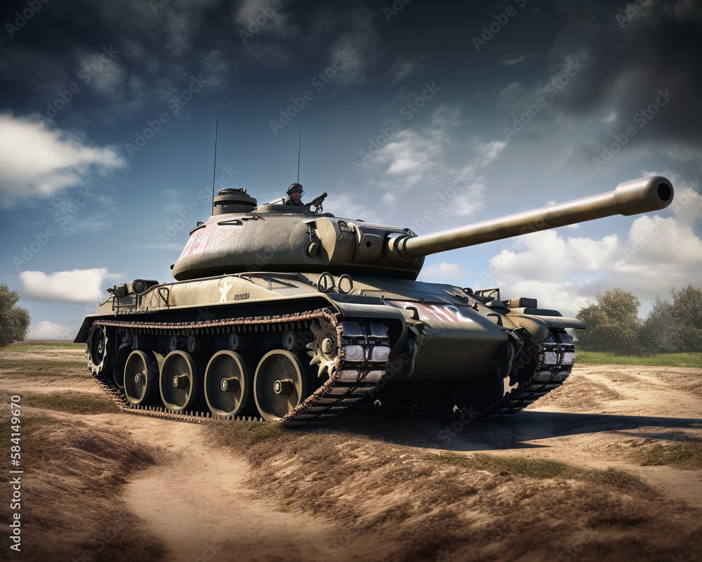 American allied medium tank moving in World War 2 battlefield with a ...