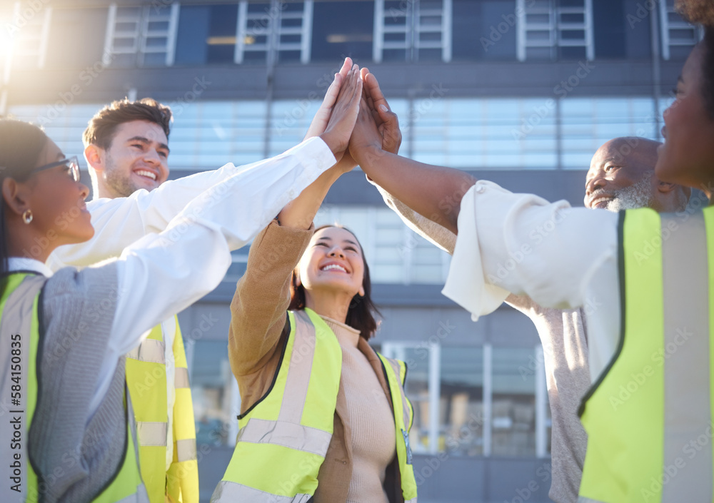 Teamwork, high five and engineering people success, support and ...