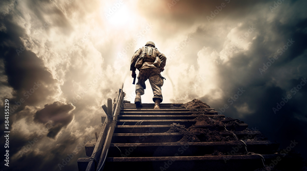 generative ai illustration of soldier climbing the stairway to heaven ...