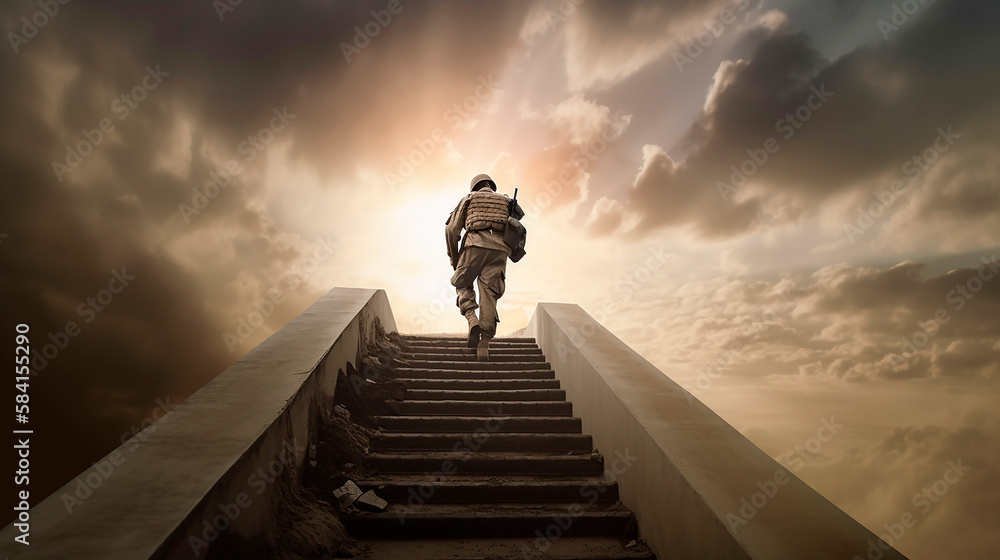 generative ai illustration of soldier climbing the stairway to heaven ...