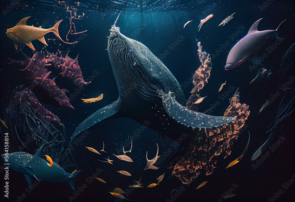 Beautiful tech-created sea creatures swim in dark waters. Generative AI ...