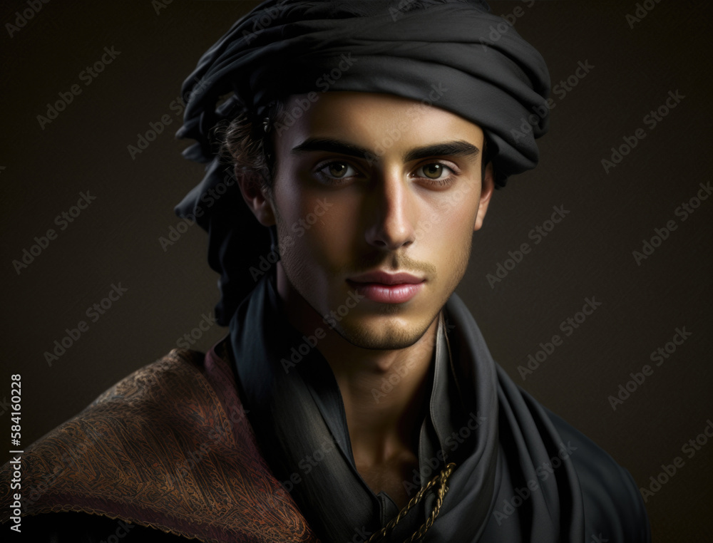 Young arab man in national clothes and in turban on a dark background ...
