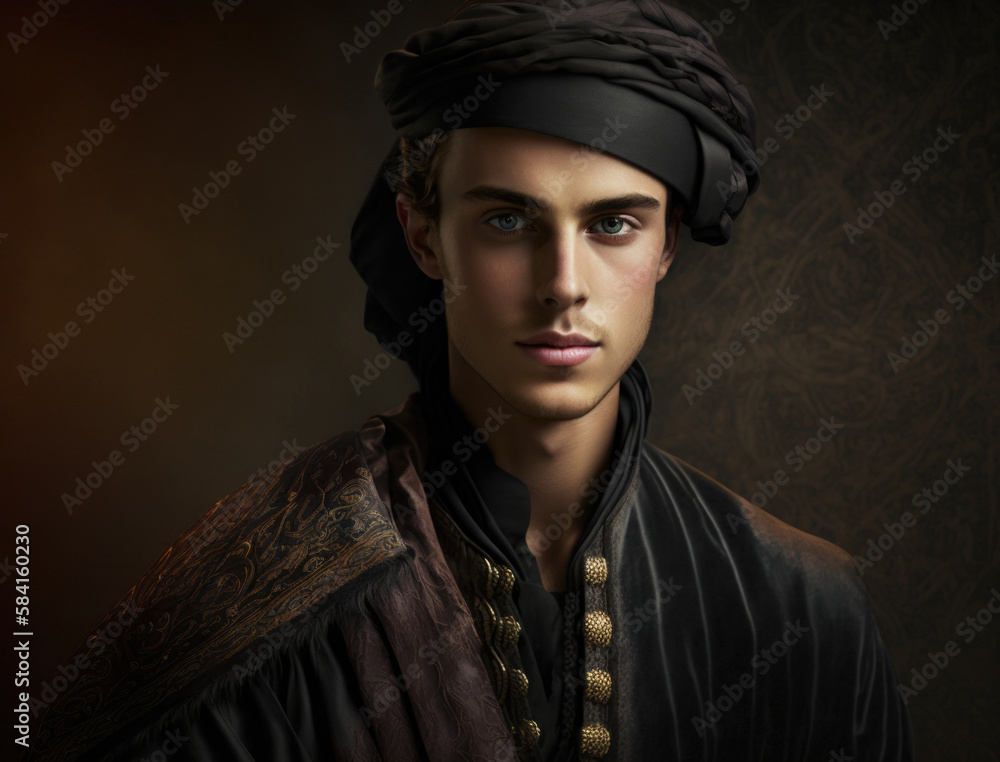 Young oriental man arab in national clothes in turban on a dark ...