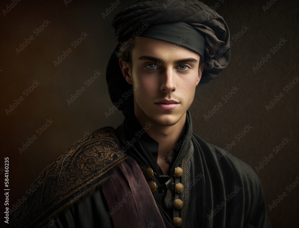 Young arab man in national clothes and in turban on a black background ...