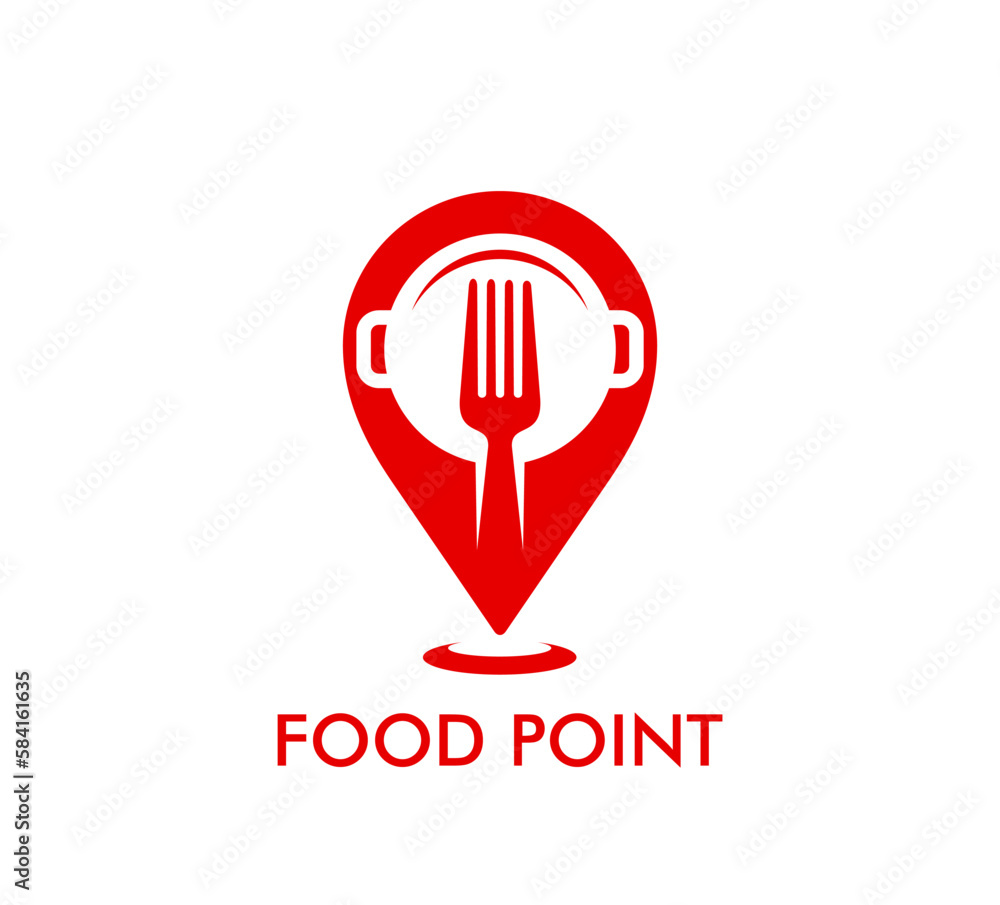 Restaurant map pointer icon, food point pin with fork and saucepan ...
