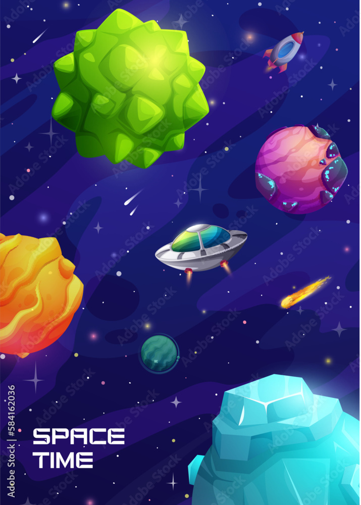 Cartoon space landscape, galaxy planets and UFO in sky, vector background. Galaxy universe stars ...
