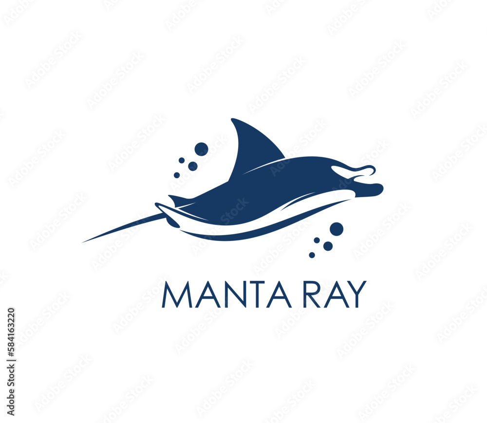Manta ray animal icon, stingray or sting ray fish on wave, vector ...
