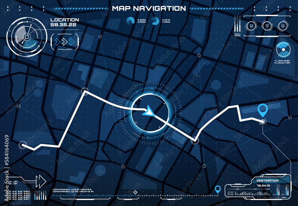 HUD city map navigation interface screen, route, dashboard. Vector ...