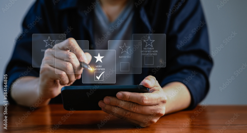 Customer gives his rating and review through a mobile phone application ...