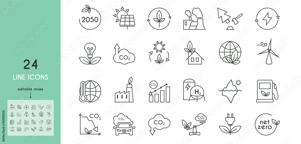 Net zero line icon set. Carbon neutral and net zero concept. Climate ...