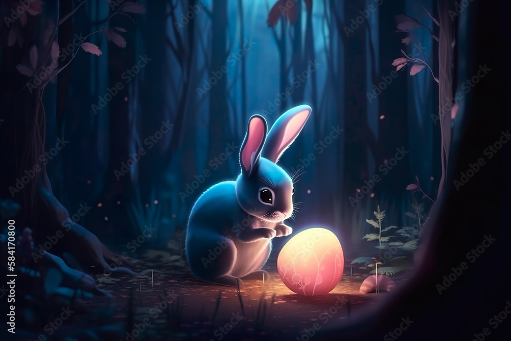 Cute bunny with glow light easter eggs in the dark with glow light ...