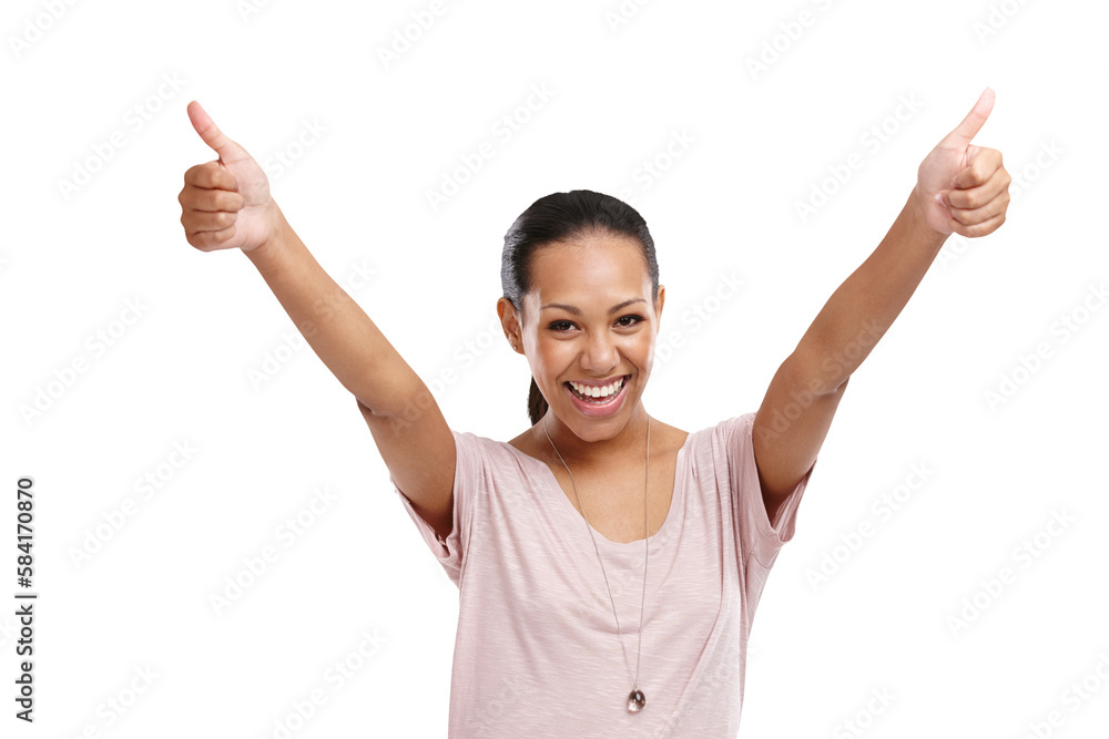 Portrait, thumbs up and motivation with a woman on an isolated and ...