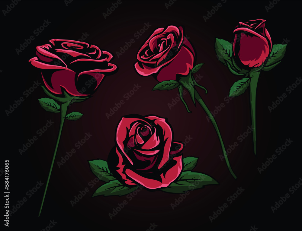 different red rose collection of single flower and leaves. can be used ...